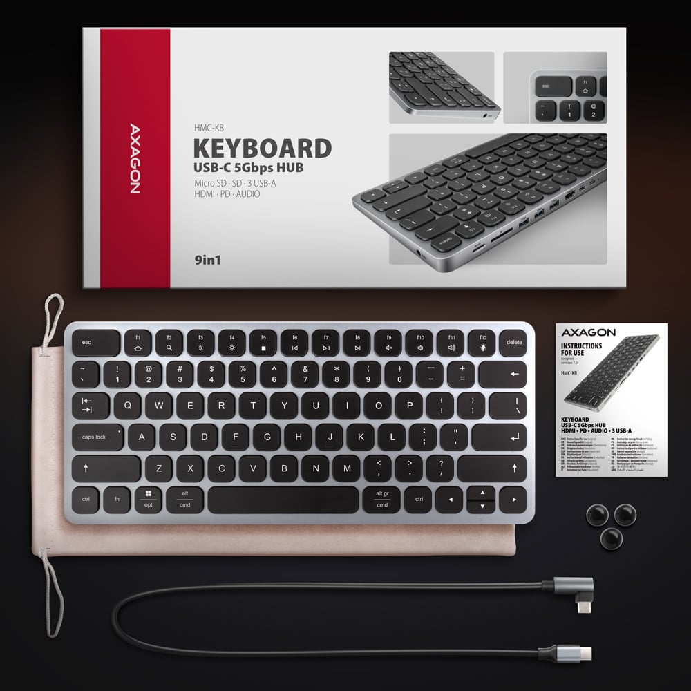 HMC-KB-US USB-C 5Gbps KEYBOARD (US) 9in1 hub | Axagon