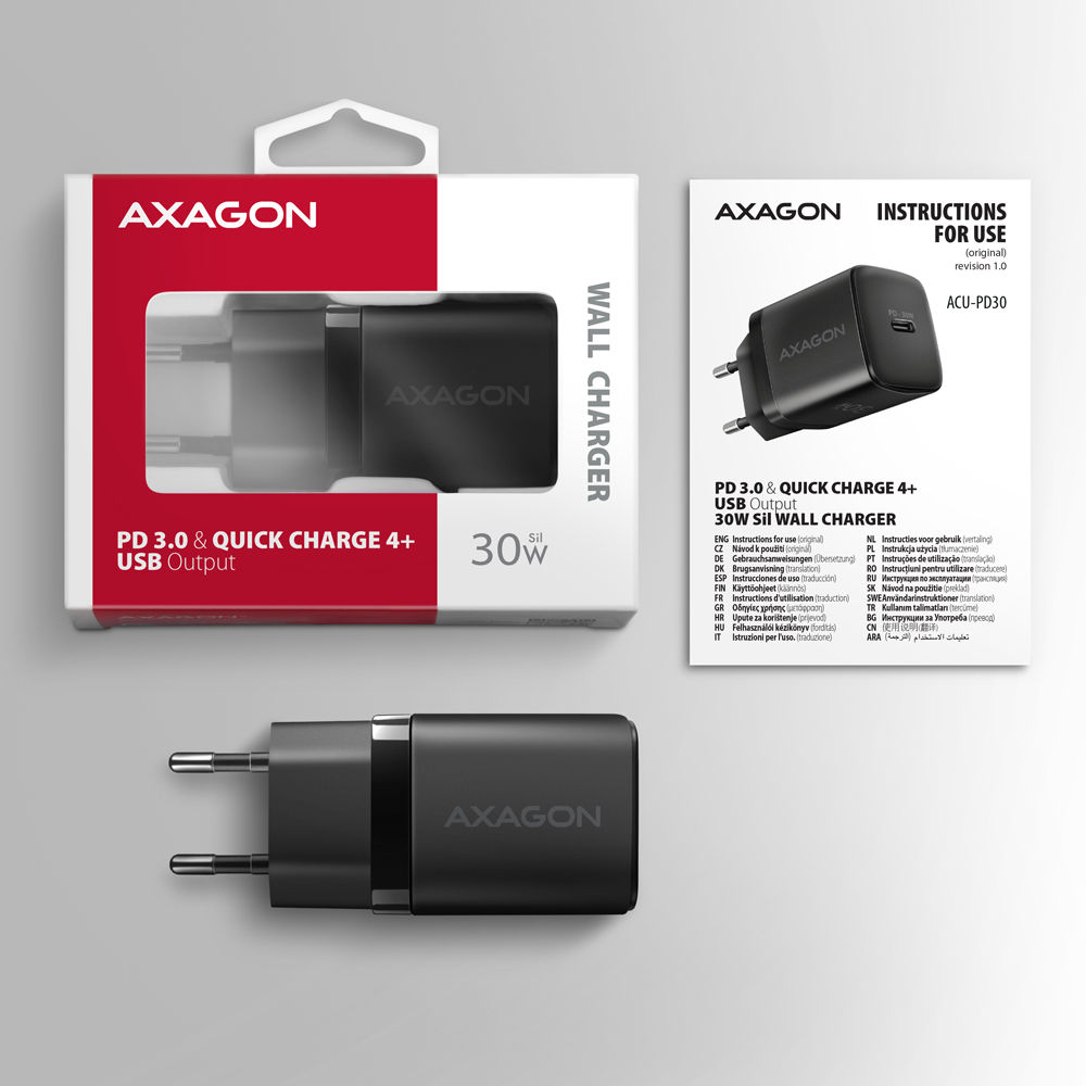 ACU-PD30 PD3.0 & QC4+ 1xOUTPUT wall charger 30W | Axagon